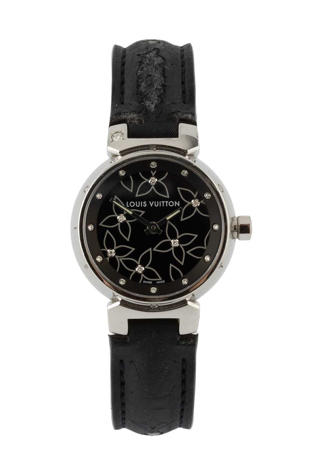 Lot 438 - A lady's steel and diamond 'Tambour'