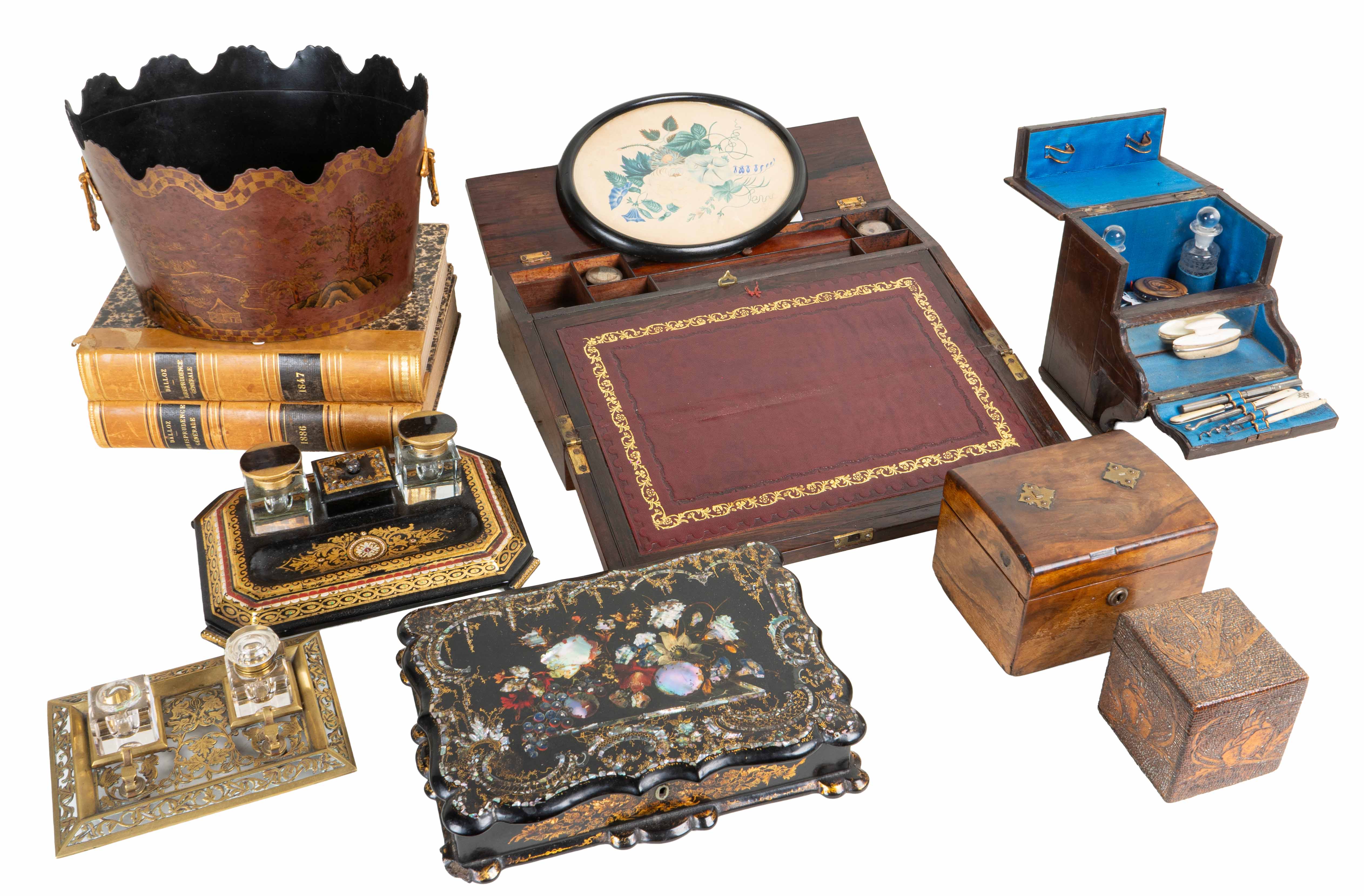 A group of boxes, a writing box, and an etui